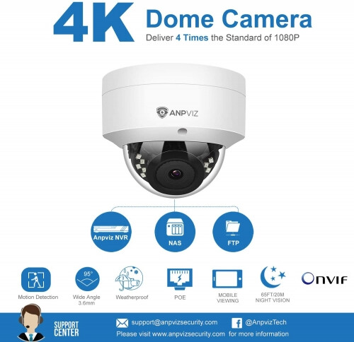Kamera kopułowa zewnętrzna IP Anpviz 8MP 4K POE IR 30M IP66 H.265 Kamera kopułowa zewnętrzna IP Anpviz 8MP 4K POE IR 30M IP66 H.265